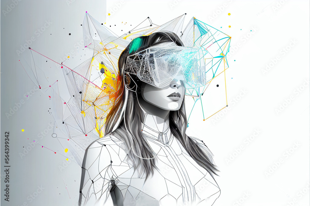 VR virtual reality headset goggles worn by woman 3D abstract art sketch ...