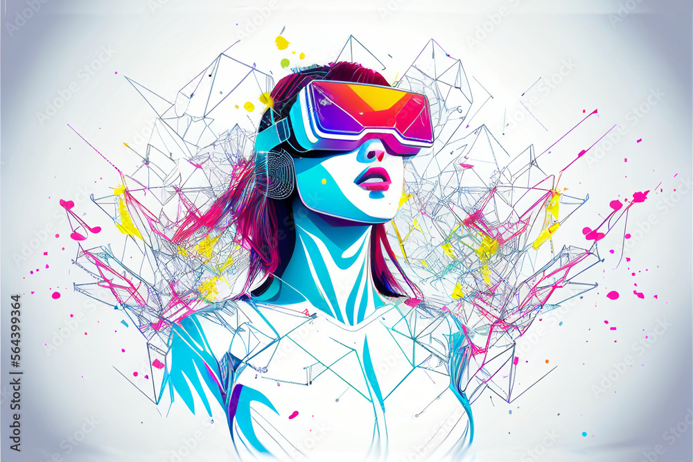 VR virtual reality headset goggles worn by woman 3D abstract art sketch ...