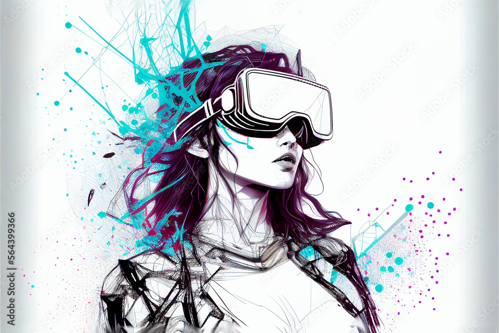 VR virtual reality headset goggles worn by woman 3D abstract art sketch ...