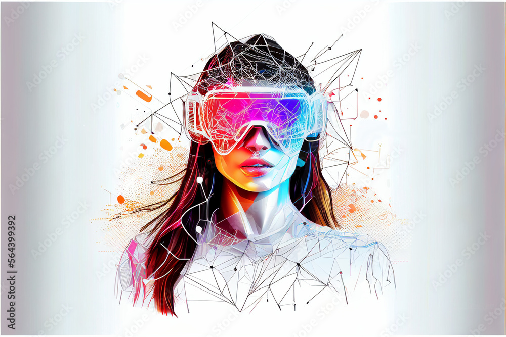 VR virtual reality headset goggles worn by woman 3D abstract art sketch ...