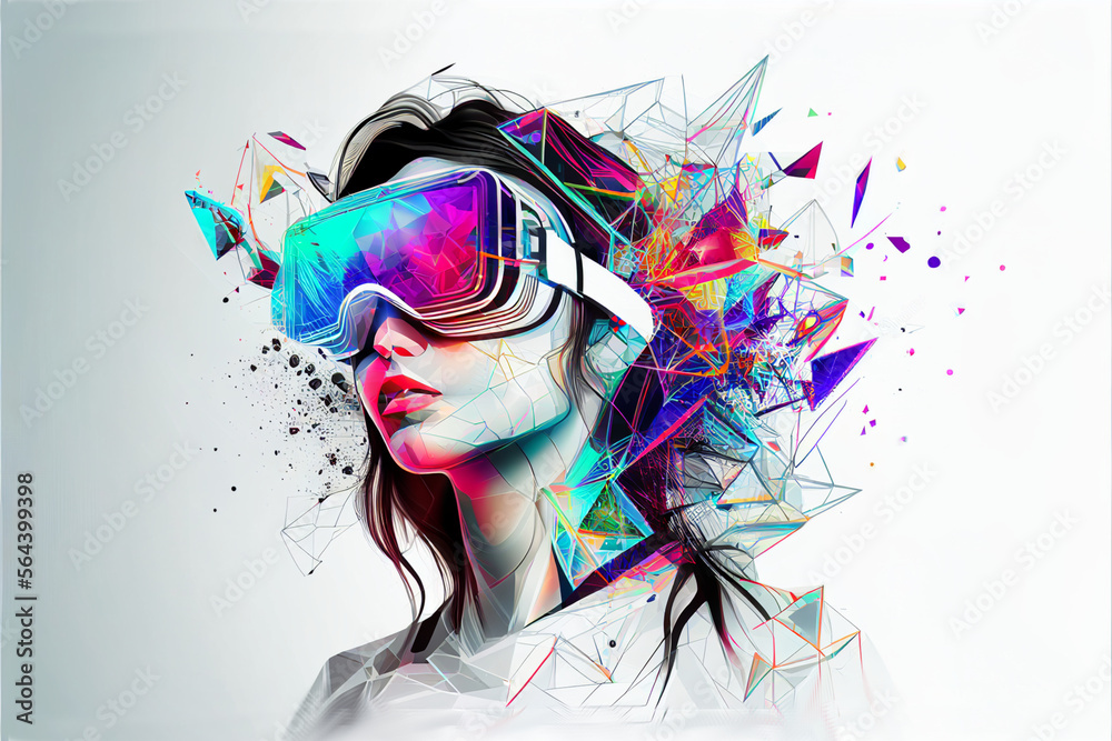 VR virtual reality headset goggles worn by woman 3D abstract art sketch ...