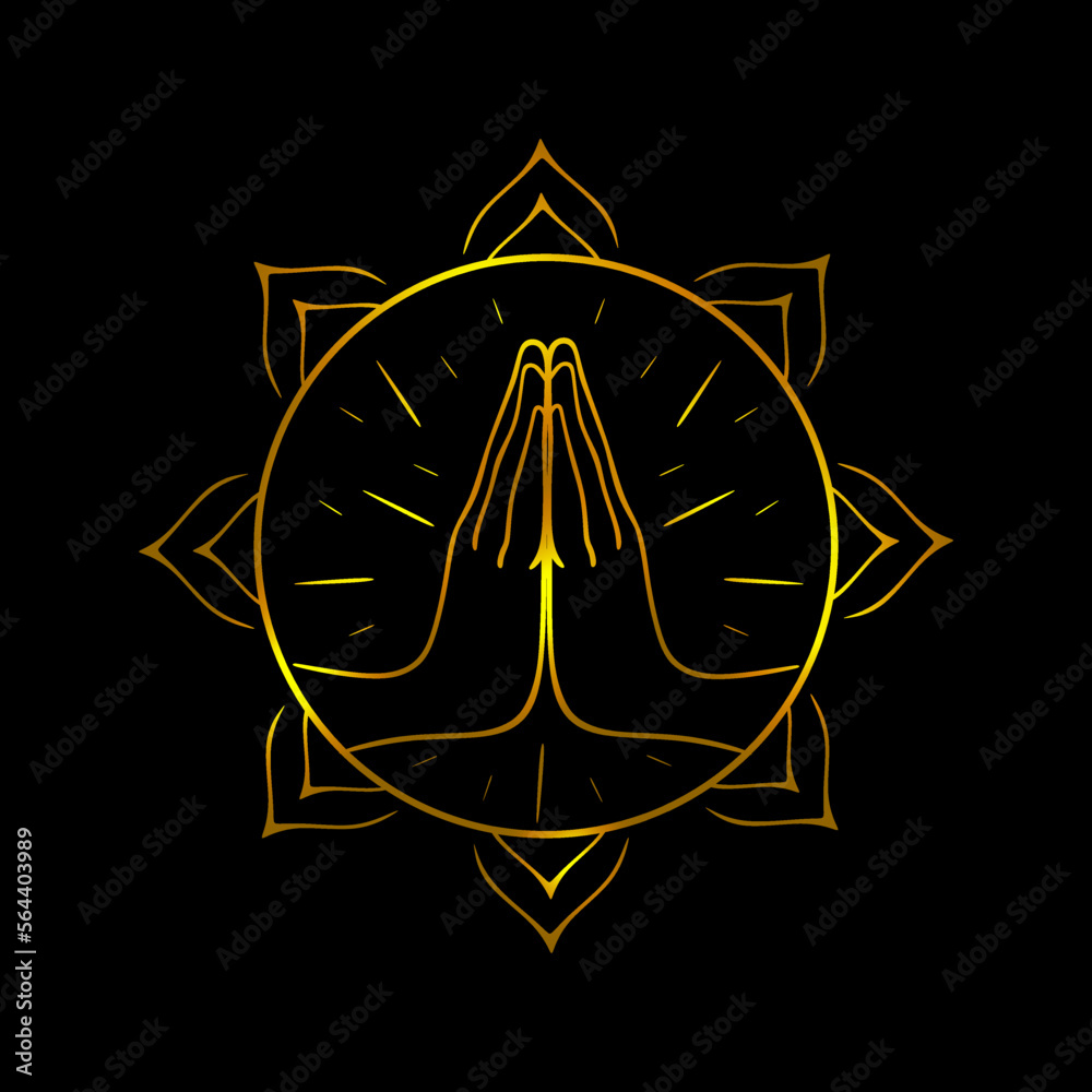 Mudra Namaste with the sun. Hand gesture. Golden color. Symbol of ...