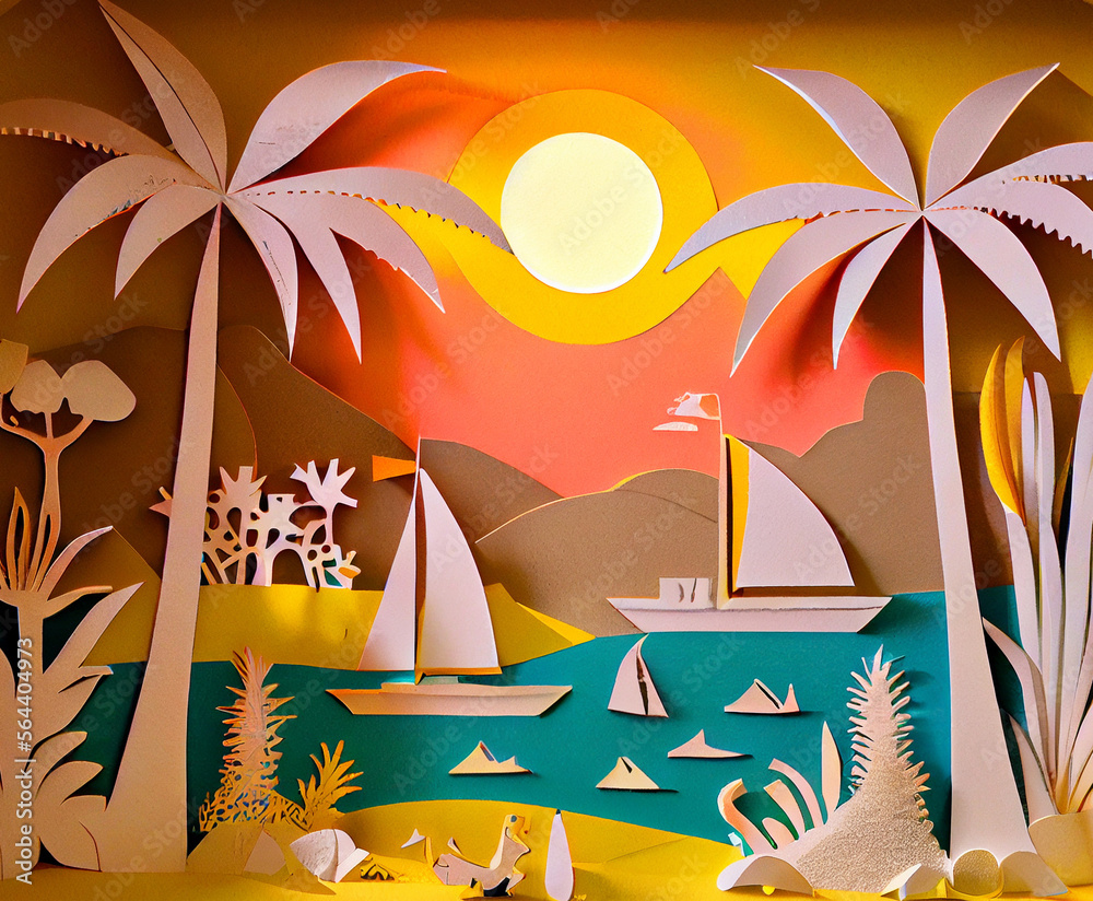 papercraft diorama: tropical beach scene (generative ai content) Stock ...