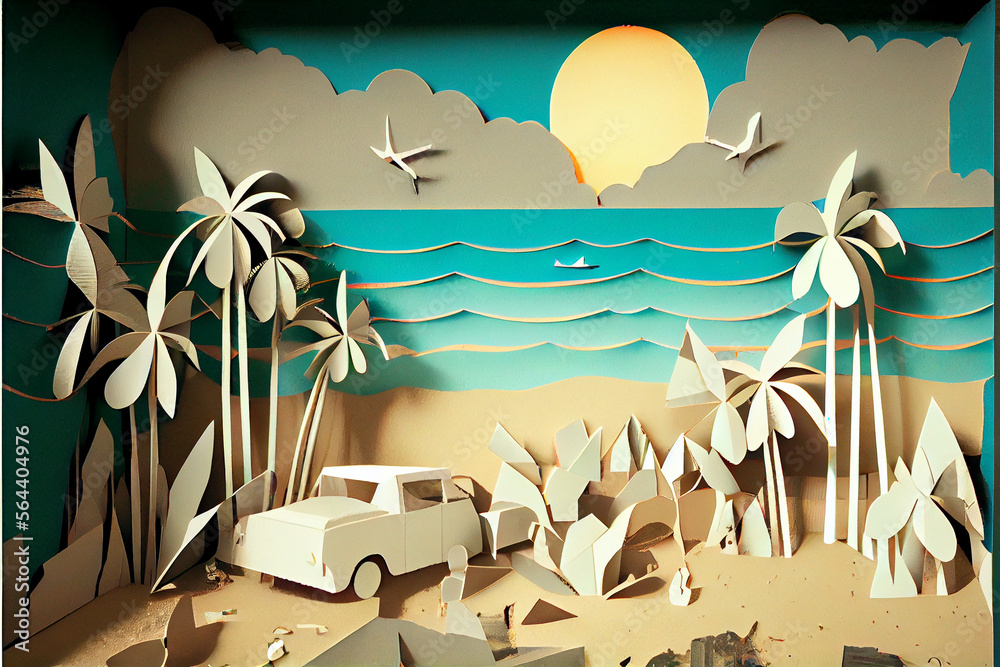 papercraft diorama: tropical beach scene (generative ai content) Stock ...