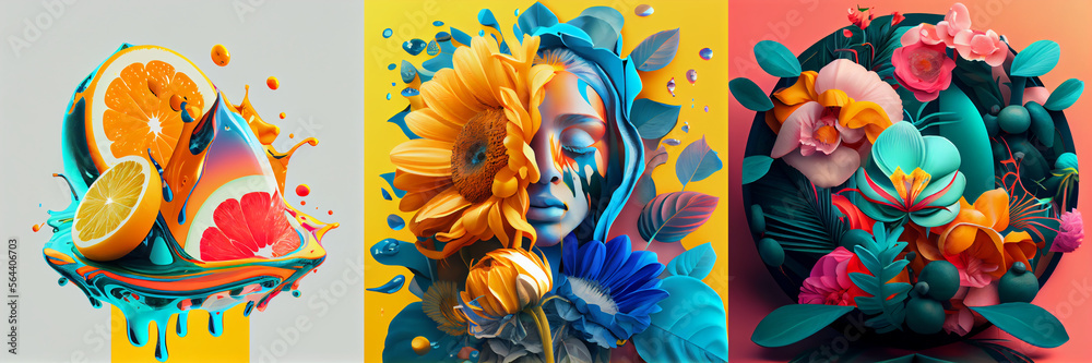 Surreal illustration of colorful flowers and fruits composition ...