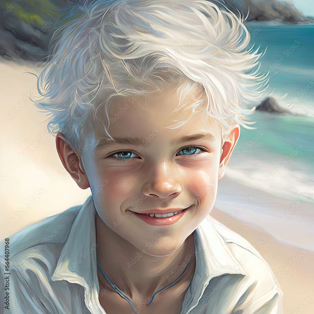 Not a real person, a smiling boy with white hair on a beach Stock ...