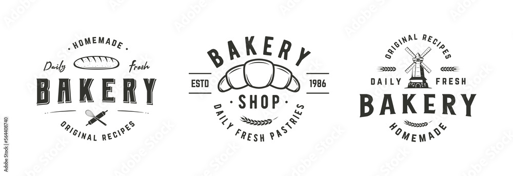 Bakery, Pastry logo set. 3 bakery emblems with Croissant, Windmill and ...