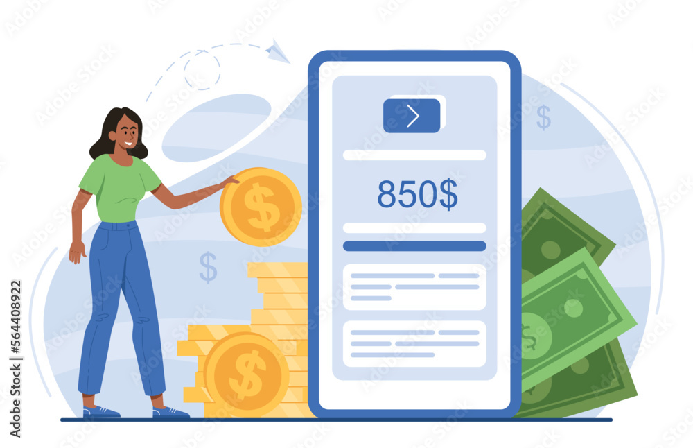 Money transfer concept. Girl with gold coins near smartphone. Banking ...