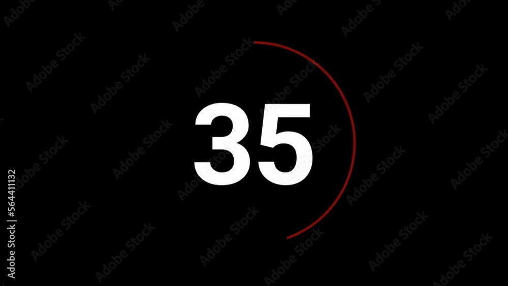 Stylish 40 seconds red and white countdown timer on black bg. Circle ...