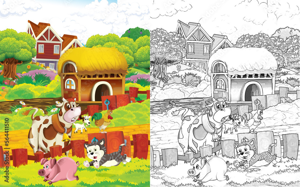 cartoon scene with cow having fun on the farm on white background ...