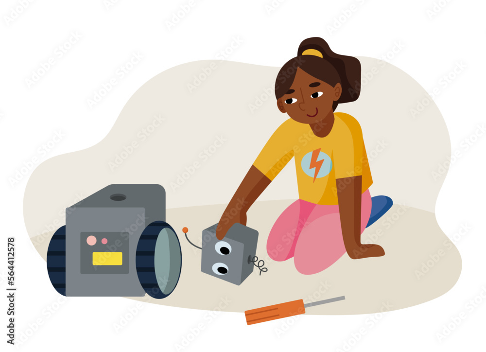 Vector illustration, smart black girl building a robot, robotic and ...