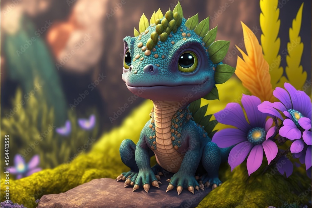 a cute adorable baby dragon lizard 3D Illustation stands in nature in the style of children ...