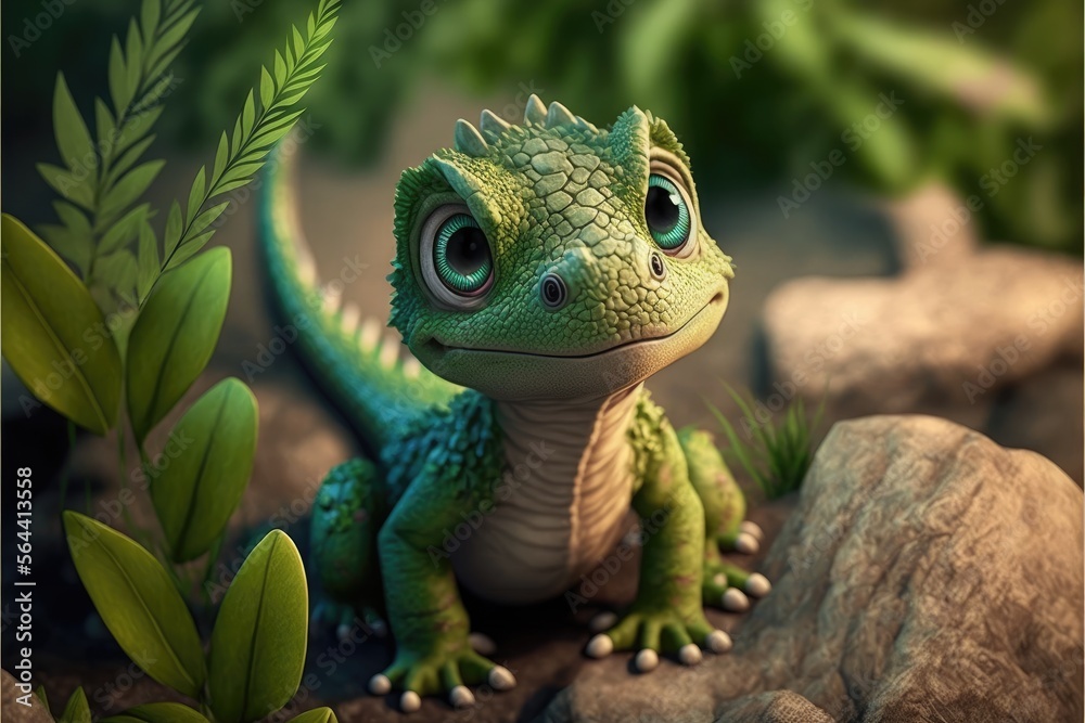 a cute adorable baby dragon lizard 3D Illustation stands in nature in the style of children ...
