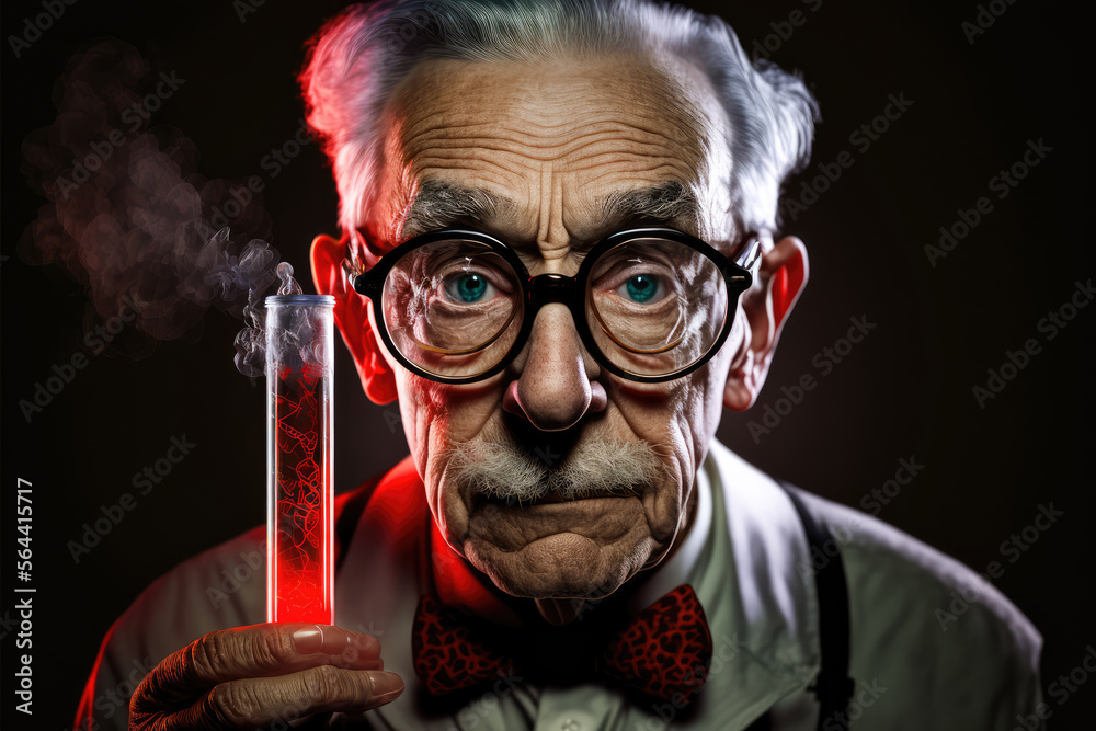 Funny old professor wearing round thick glasses and holding a colorful ...