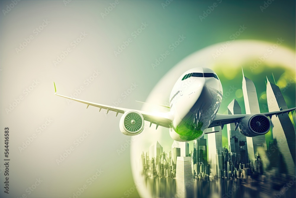 Generative AI modern green and white sustainable plane flying high on ...