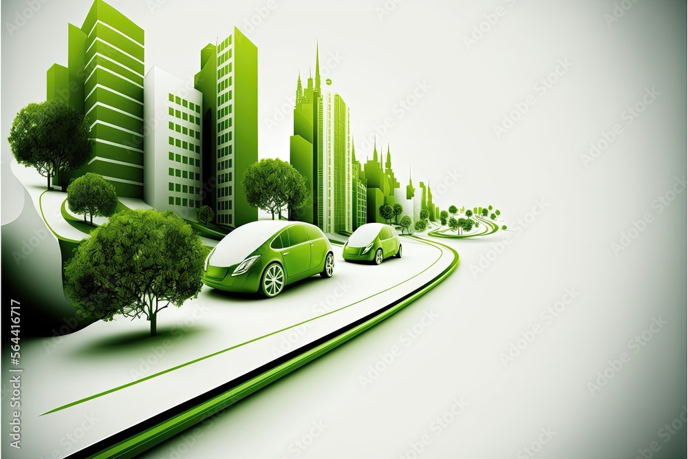 Generative AI modern green sustainable highway with green cars on a ...