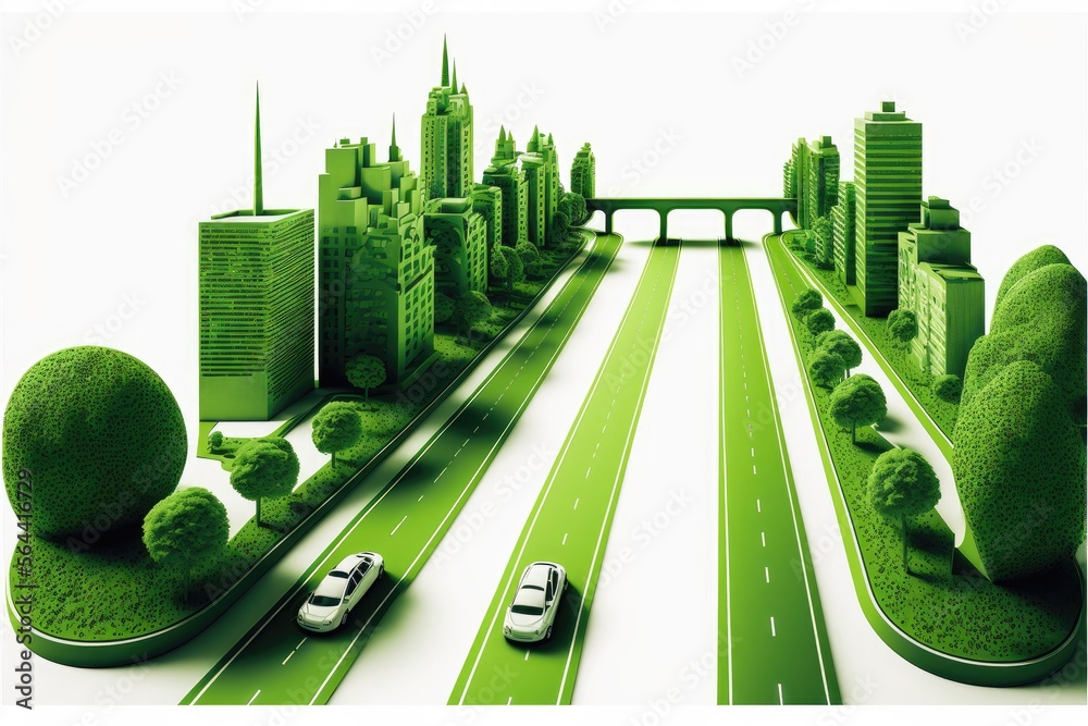 Generative AI modern green sustainable highway with green cars on a ...