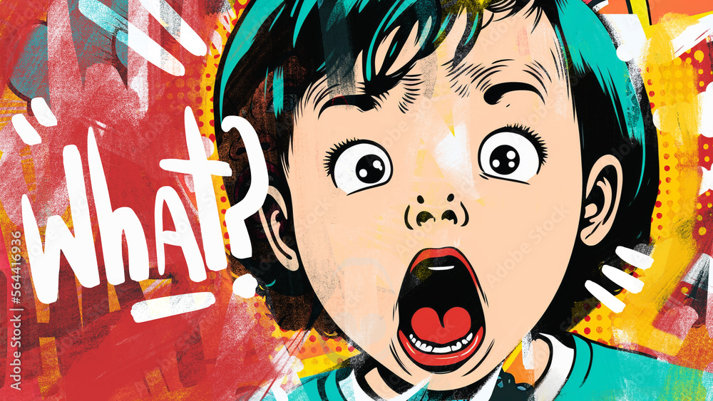 young asian child with written "what", she screams. street art effect ...