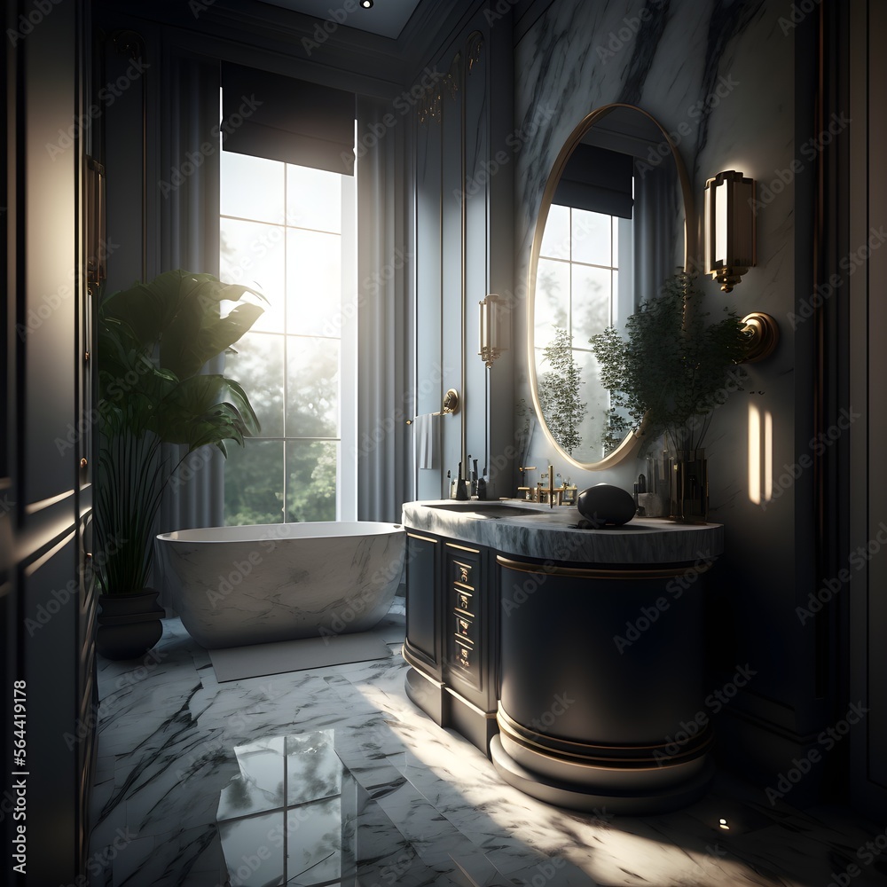 opulent architecture bathroom interior with marble book matching bronze ...