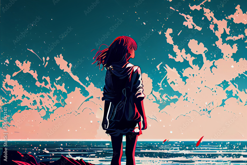 dreamy girl with wind in hair looking at the sky, anime digital art ...