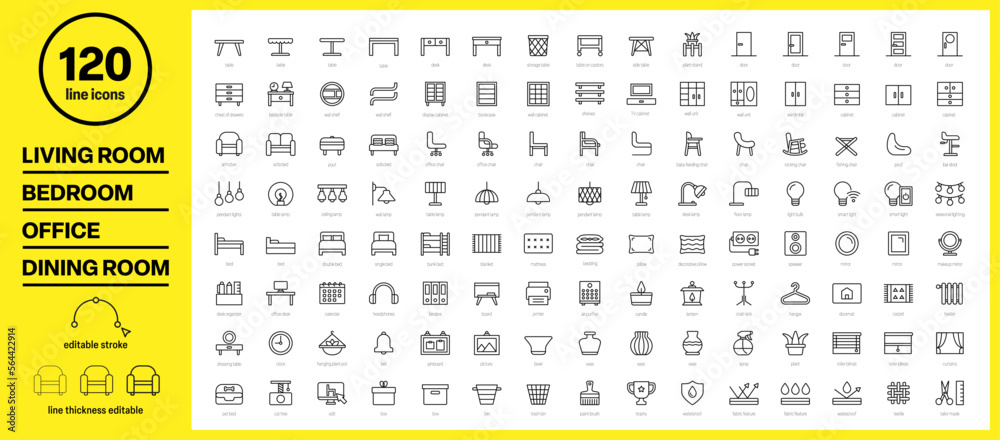 furniture icons, house decor icons, living room, bedroom, office ...