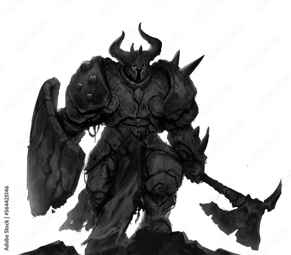 The great knight of undead in heavy worn armor with a shield and a ...