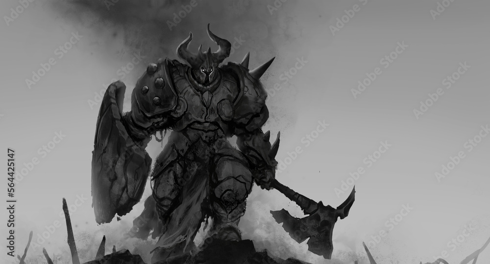 The great knight of undead in heavy worn armor with a shield and a ...
