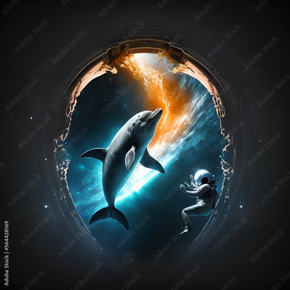 Semi-alien dolphin in outer space going through a dimensional portal ...