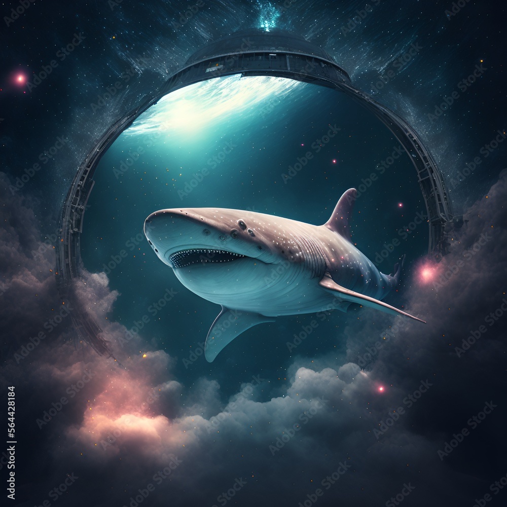 Semi-alien shark in outer space going through a dimensional portal ...