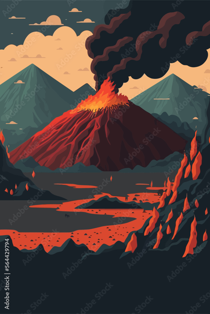 Volcanic Mountain In Eruption background view vector illustration Stock ...