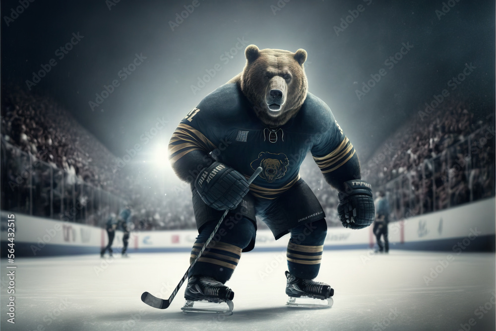 Hockey, big brown grizzly bear wearing a jersey and hockey equipment, a ...