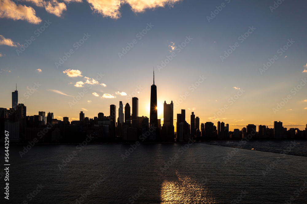 Beautiful downtown Chicago skyline aerial over Lake Michigan during the ...