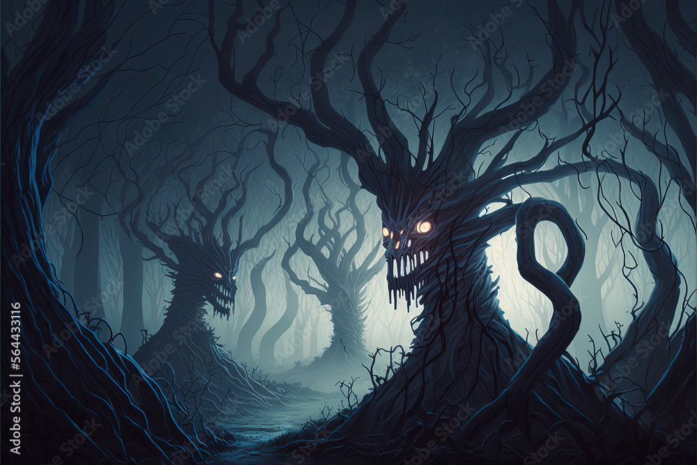 The Glow of Evil: An Illustration of a Scary Forest with Glowing Red ...