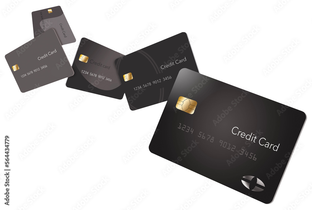 Five black and grey credit cards with golden EMV security chips are ...