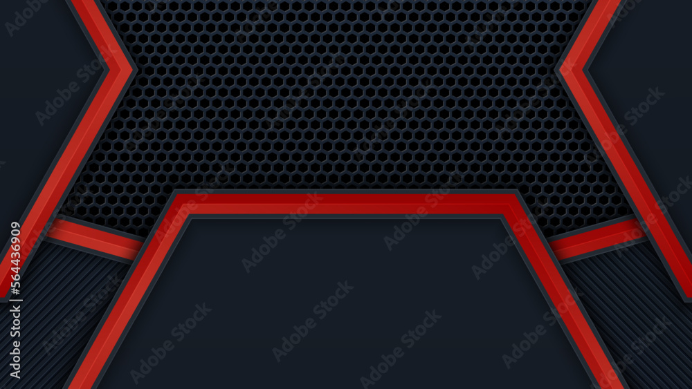 Abstract black and red polygon with red glow lines on dark steel mesh ...