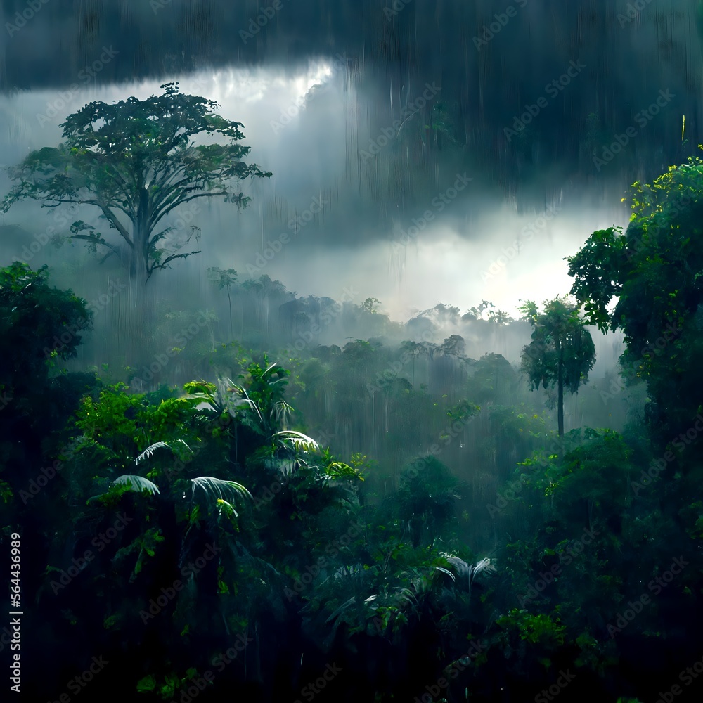 Rainforest landscape with misty storm and rain falling over the treetop ...