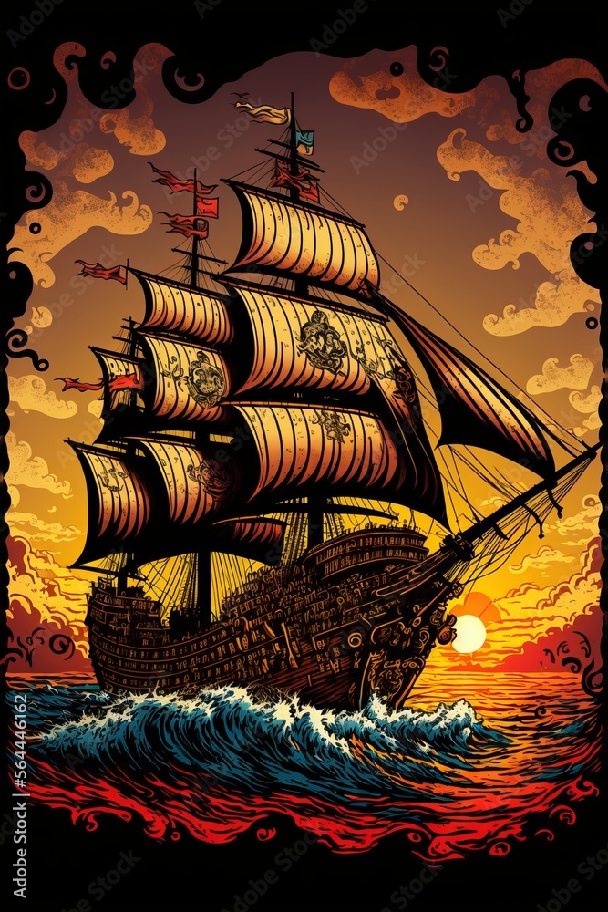 Ilustrace „Dramatic Illustration of a Pirate Ship, an Old-Style Vintage ...