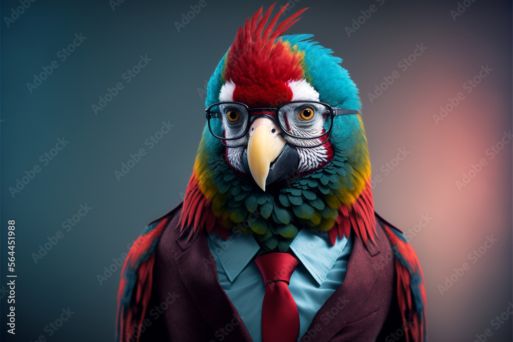 Parrot business portrait dressed as a manager or ceo in a formal office ...