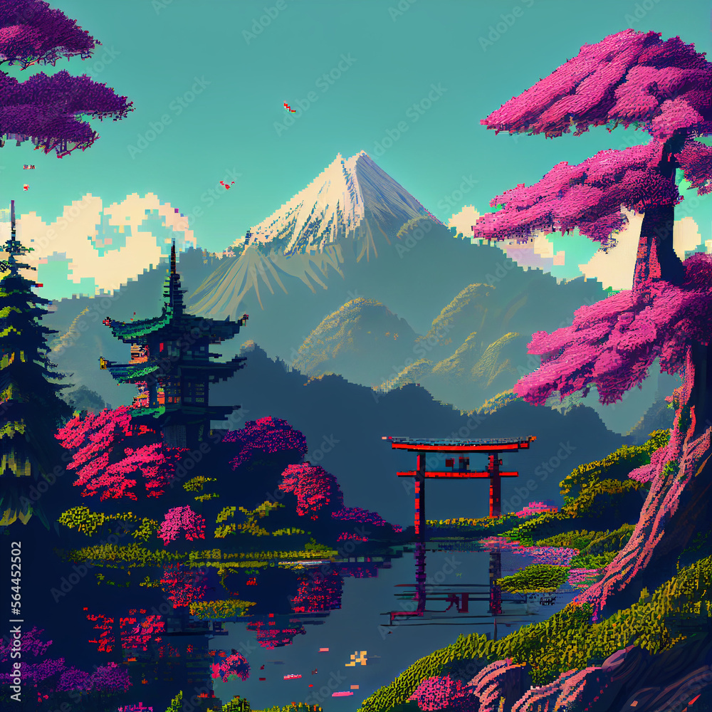 Pixel Art Illustration of a Japanese Landscape Generative Stock ...