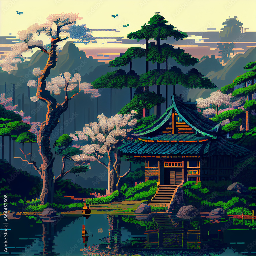 Pixel Art Illustration of a Japanese Landscape Generative Stock ...