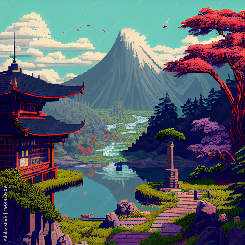 Pixel Art Illustration of a Japanese Landscape Generative Stock ...