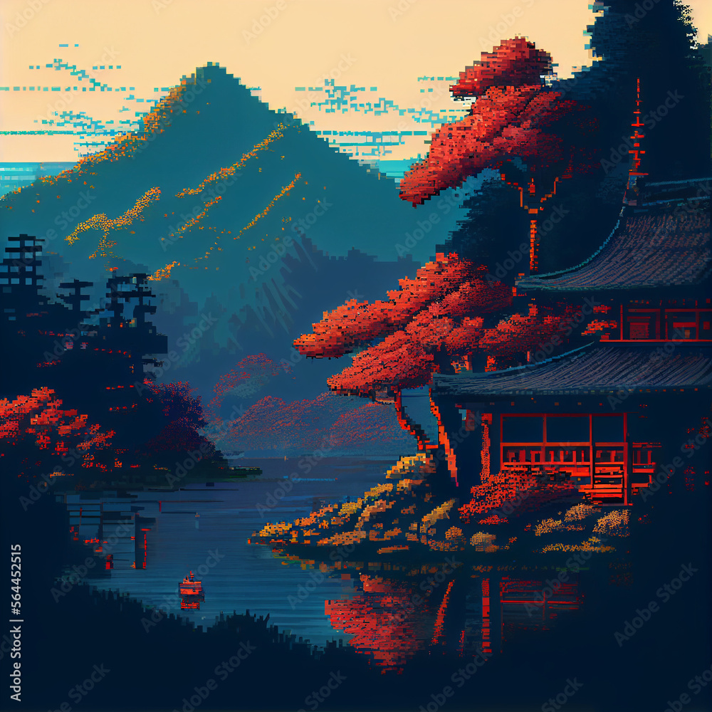 Pixel Art Illustration of a Japanese Landscape Generative Stock ...