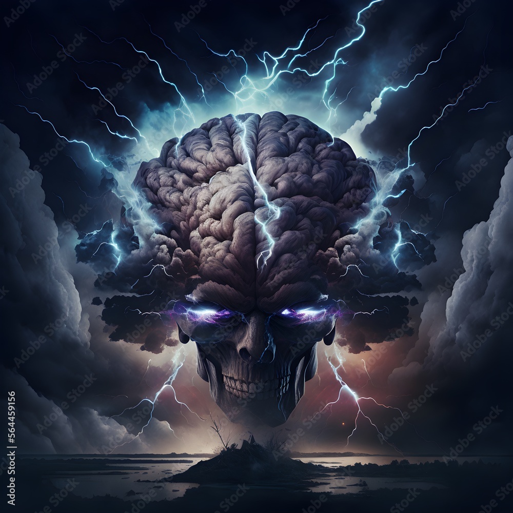 A giant brain Dark clouds fill the background Lightning strikes the ...