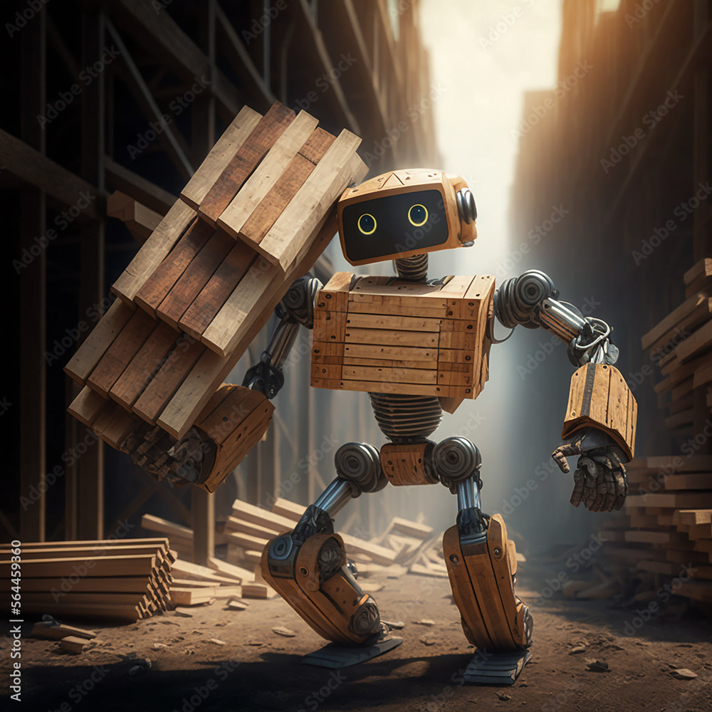 Robot construction worker carrying heavy construction materials. Robot ...
