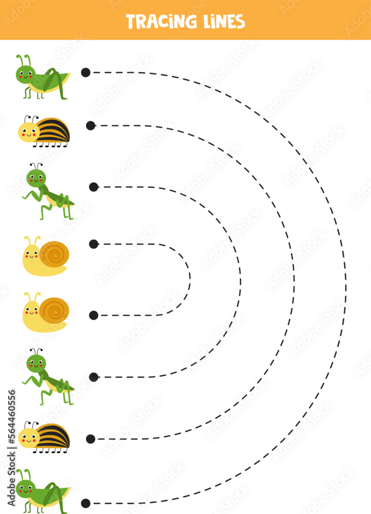Tracing lines for kids. cute smiling insects for children. Stock Vector ...