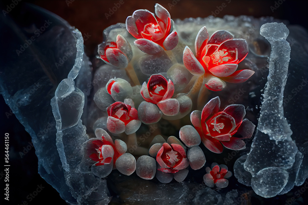Looking down, the small red flowers covered by ice are arranged ...