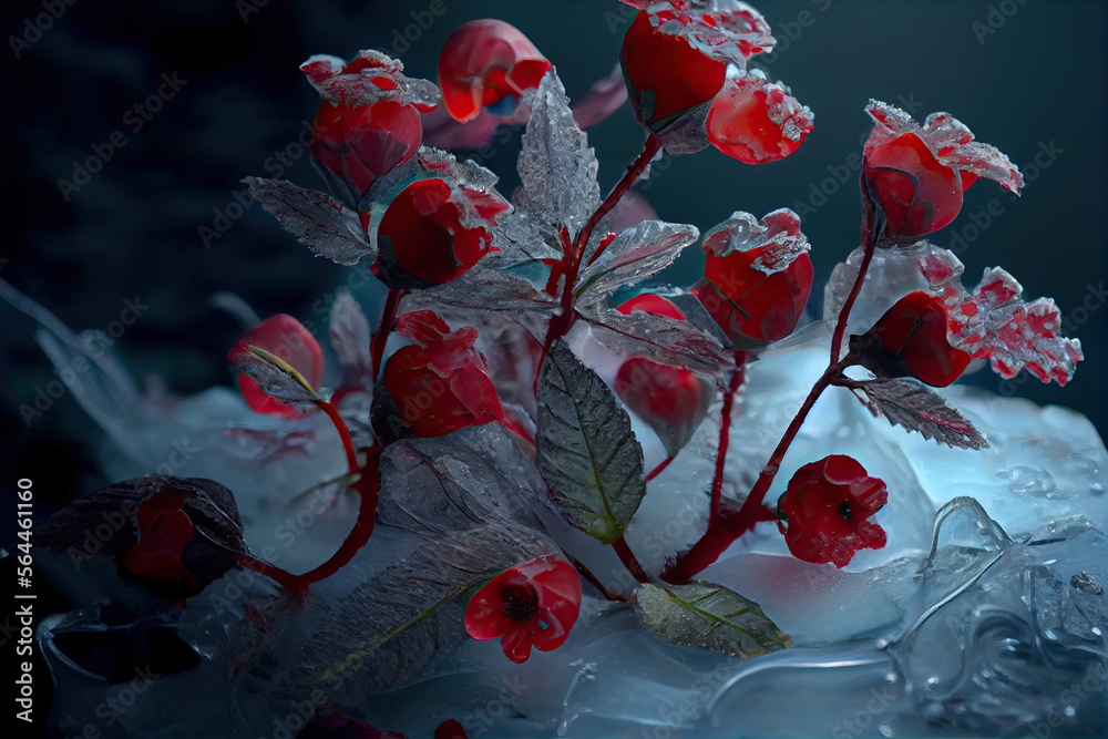 Looking down, the small red flowers covered by ice are arranged ...