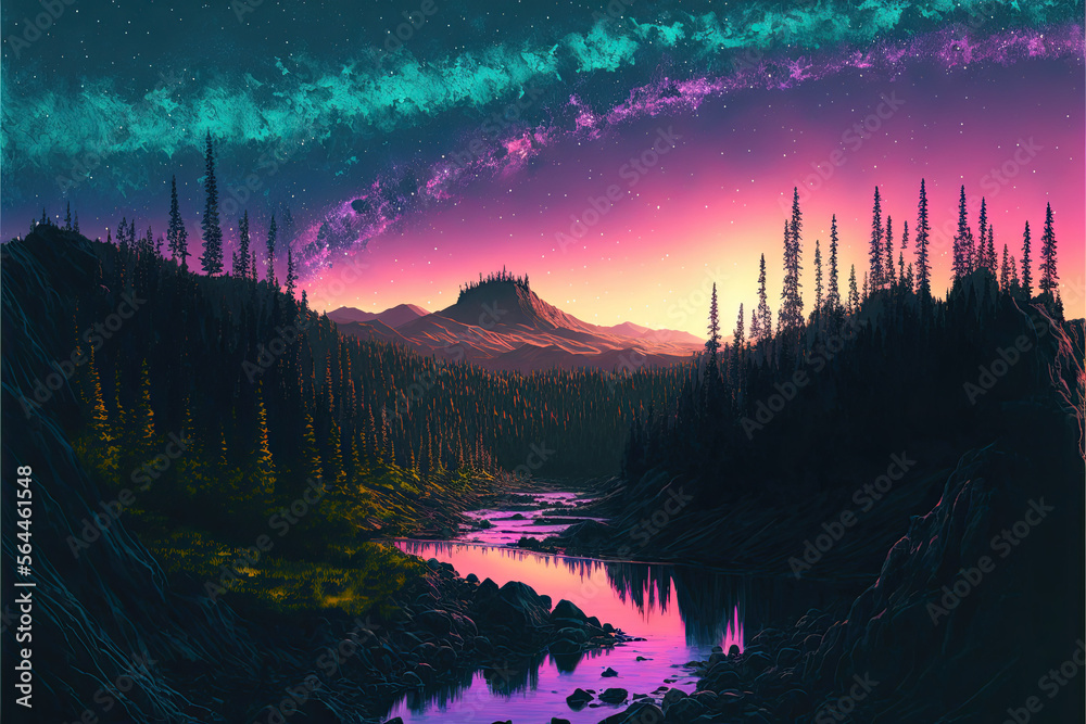 comic book style illustration of the milk way and stars over a ...