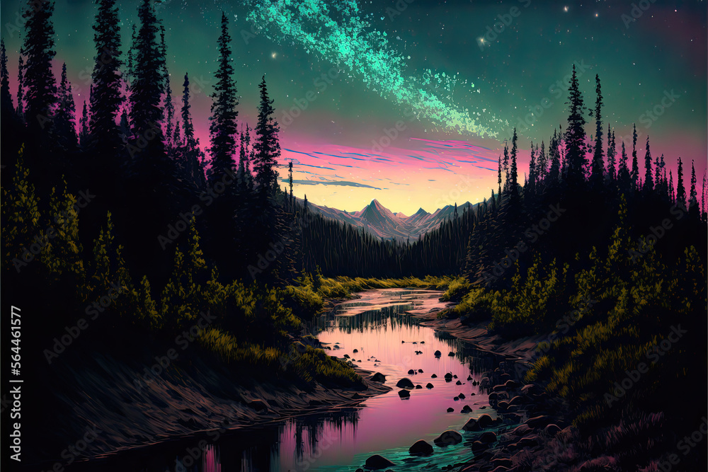 comic book style illustration of the milk way and stars over a ...