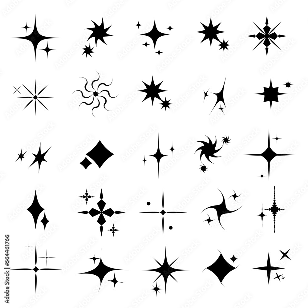 set of black silhouettes of stars vector genz four pointed aesthetic ...